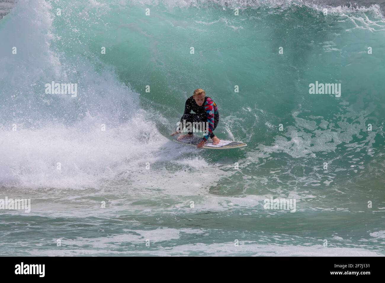 Skimboarder surfing at the Wedge Newport Beach, California, USA Stock ...