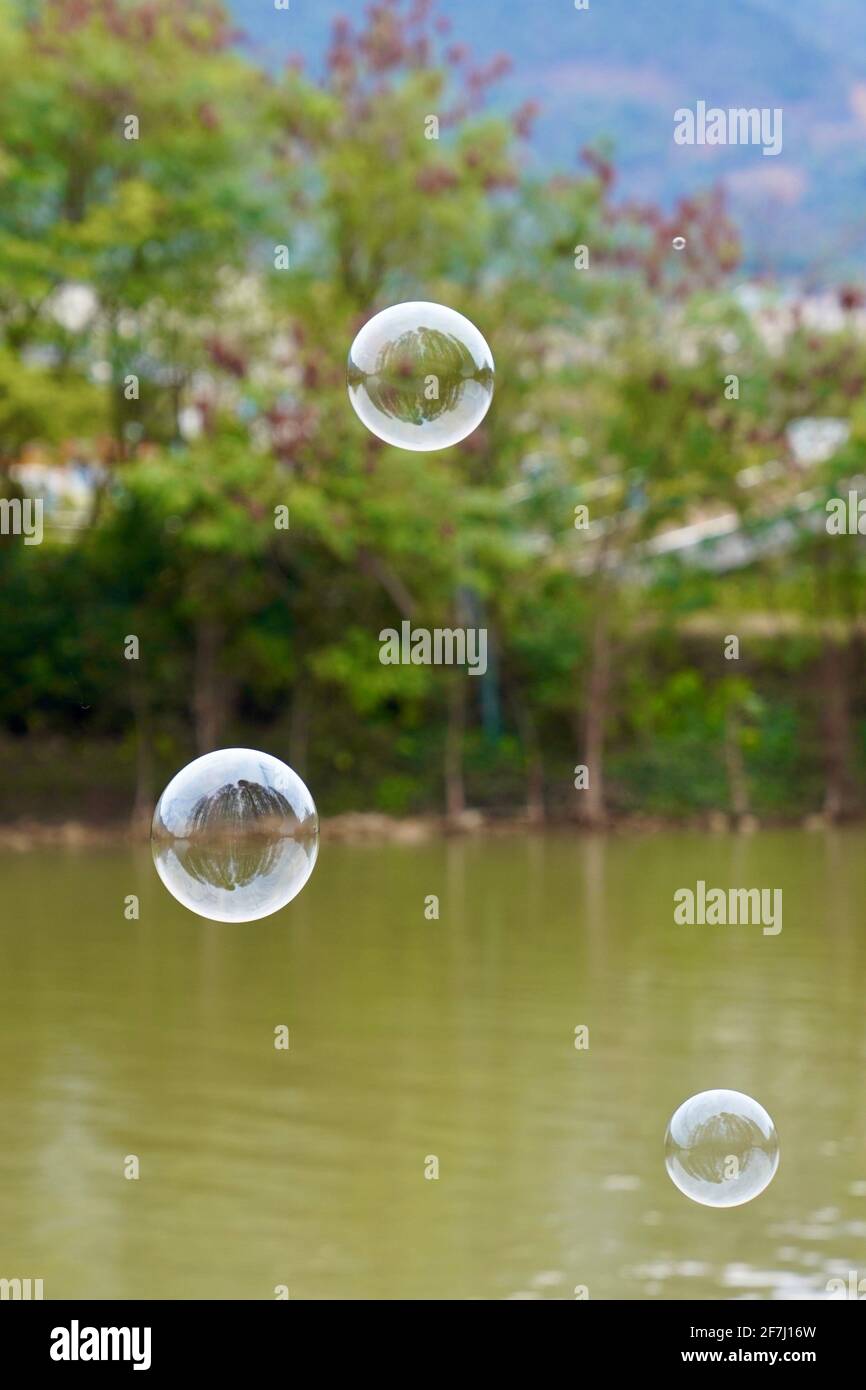 Bubbles flowing over the green lake Stock Photo - Alamy