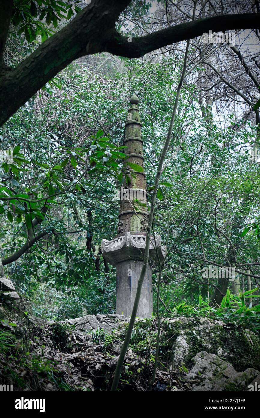 A stone tower stands alone in the woods, surrounded by lots of trees ...