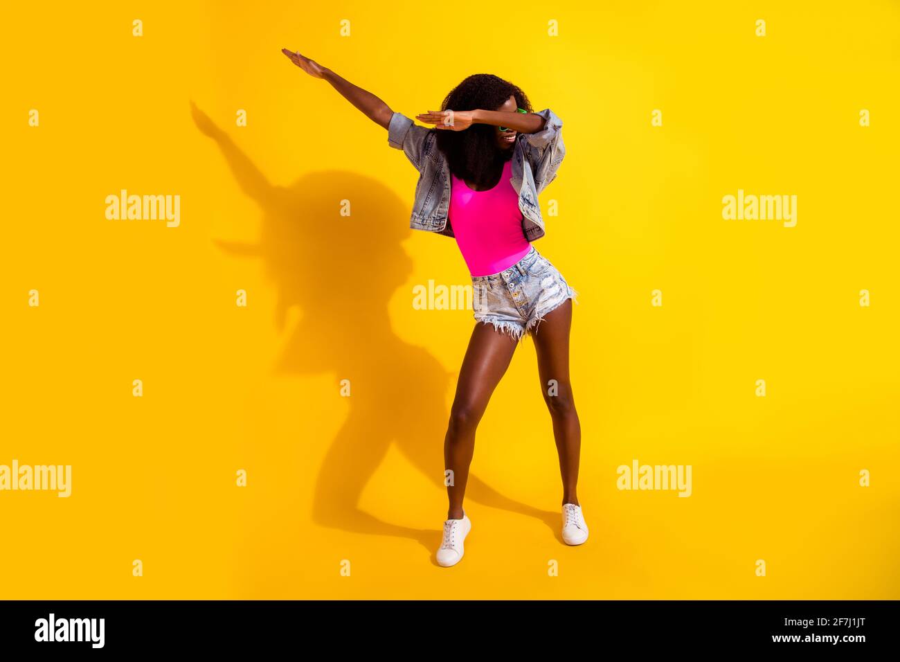 Full body photo of funky afro american lady dance dab weekend wear ...