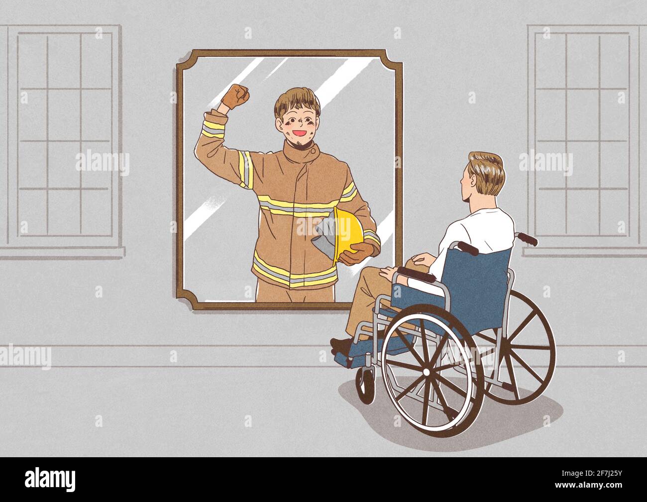 A man in a wheelchair seeing image of him being a firefighter in a ...