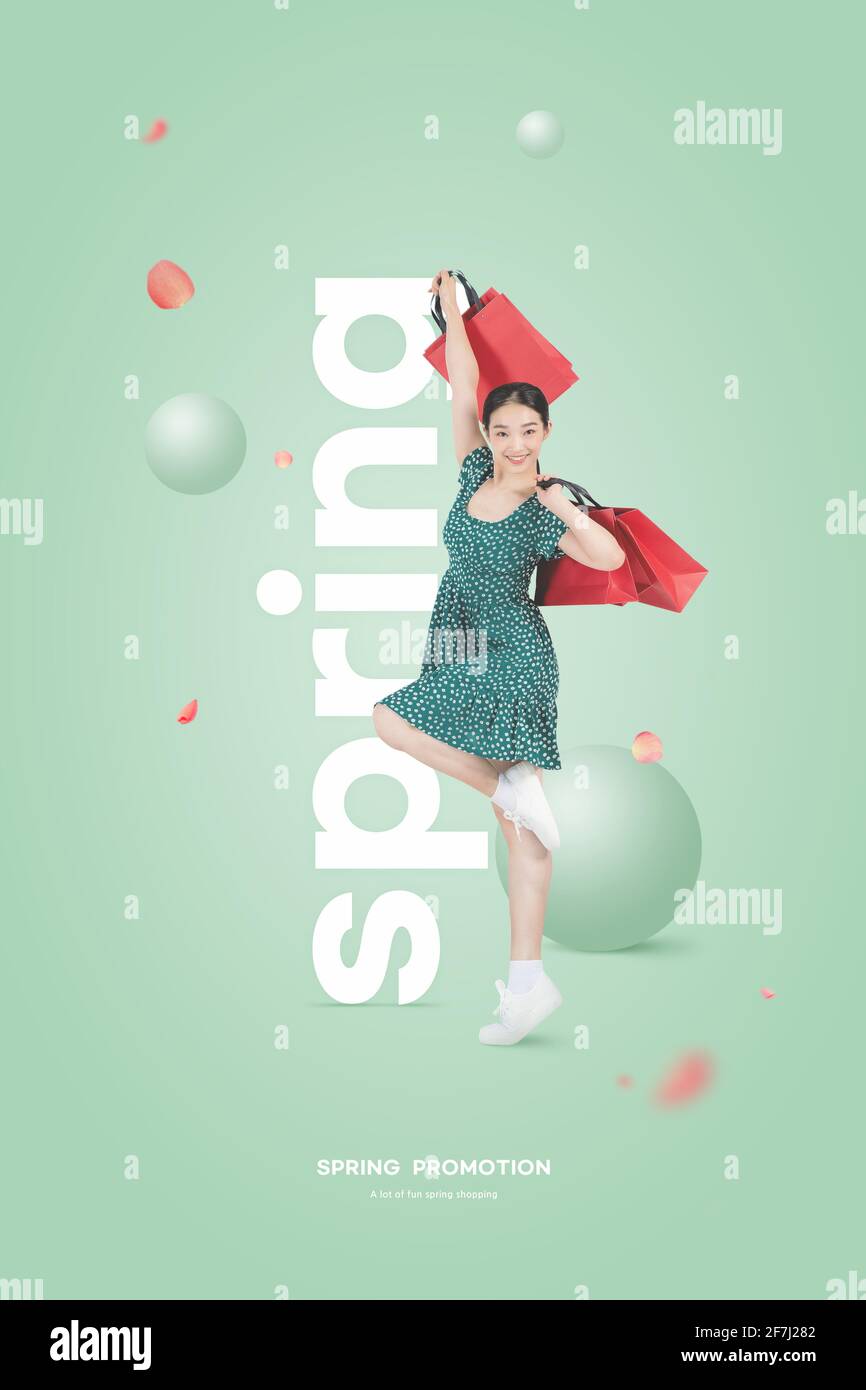 spring sale promotion poster with Asian female model dancing with ...