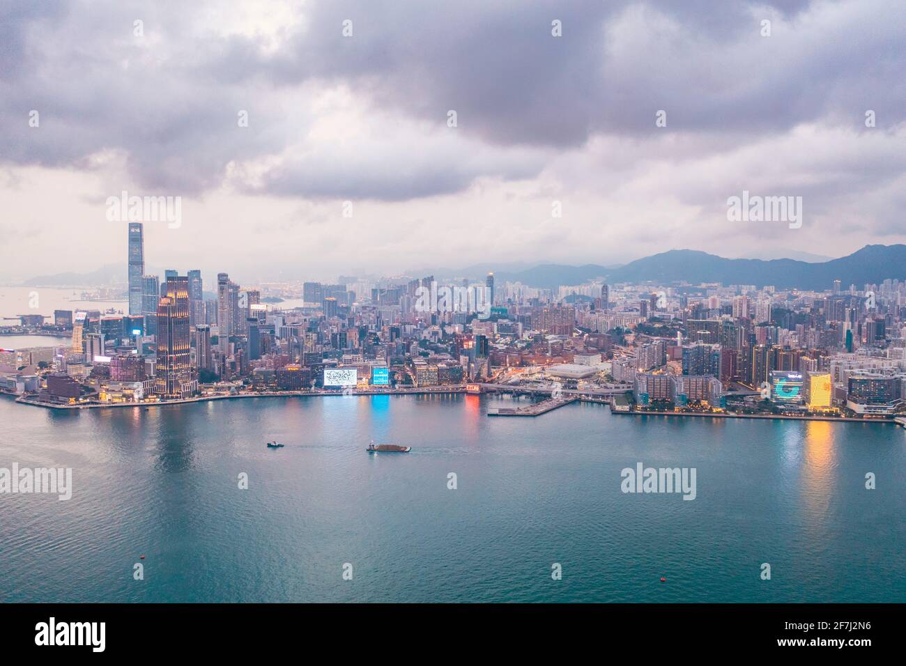 Epic aerial view of night scene of Victoria Harbour, Hong Kong, in ...