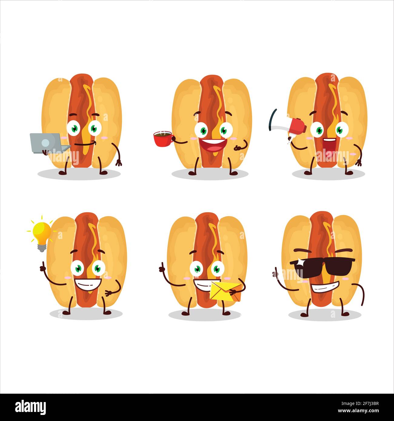 Hot dogs cartoon character with various types of business emoticons ...