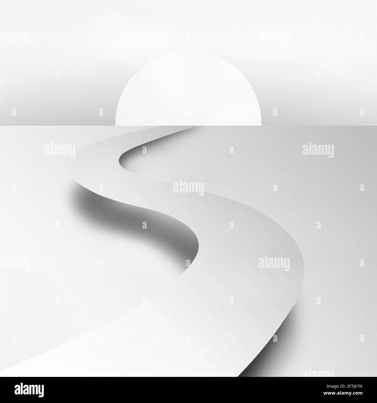 Abstract illustration of levitating wavy road going to sunset or ...