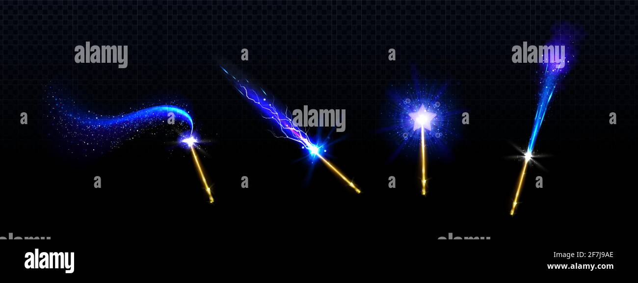 Magic wands with blue star and glowing sparkle trails, gold colored ...