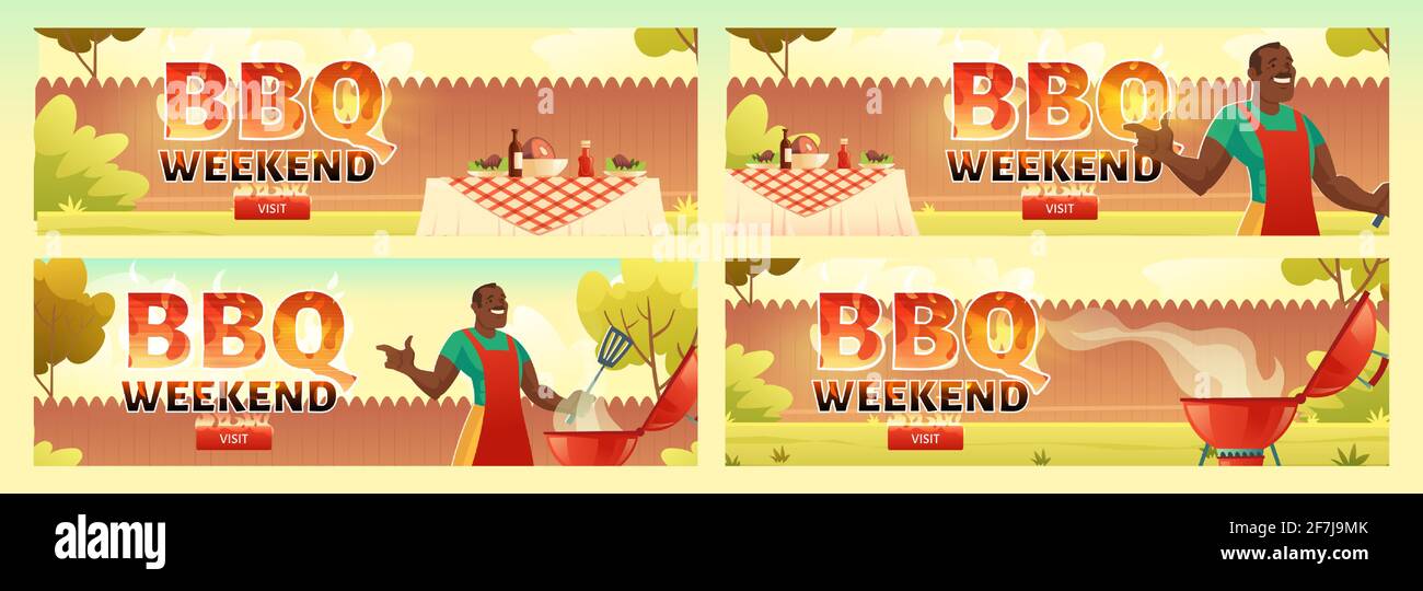 BBQ weekend flyers. Invitation banner to barbecue party with black man ...