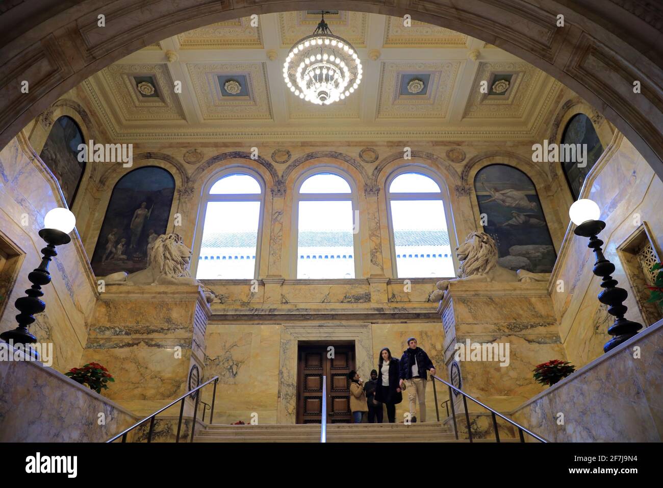 The Grand staircase with Lion statues inside of Boston Central Library ...