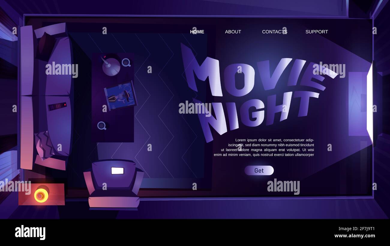 Movie night cartoon landing page, dark living room interior with tv and ...