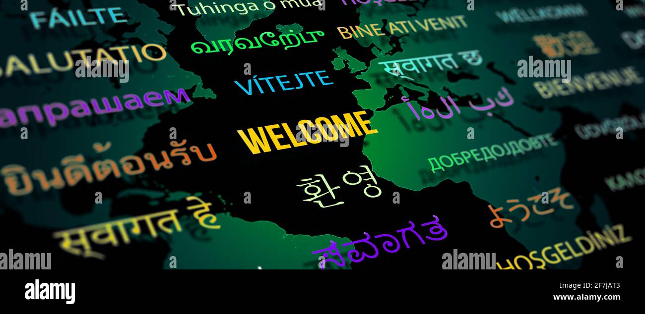 Welcome in different language with world map background. Depth of field ...
