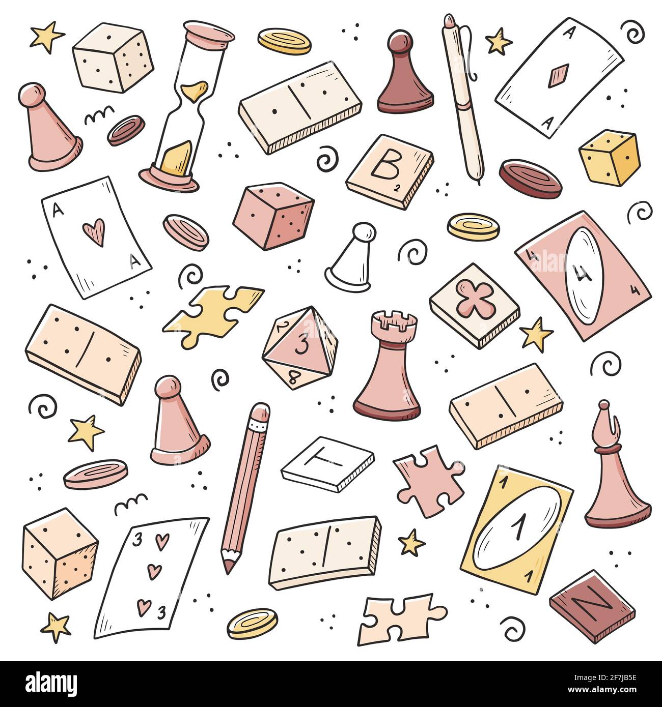 Hand drawn set of board game element, cards, chess, hourglass, chips ...