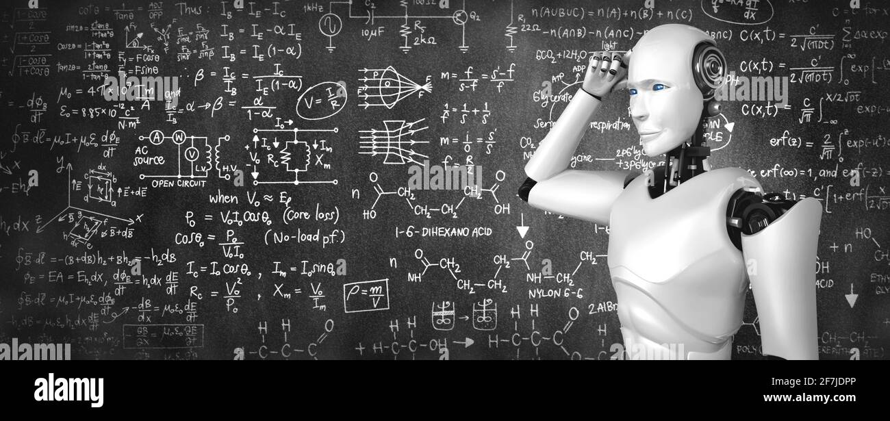 Thinking AI humanoid robot analyzing screen of mathematics formula and ...