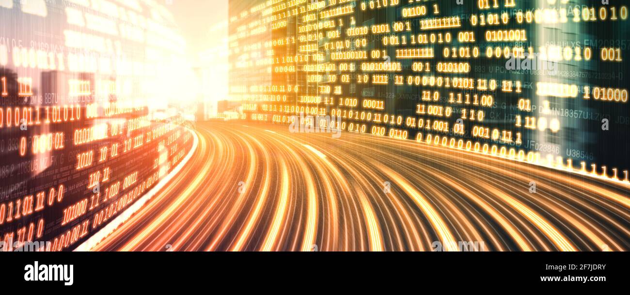 Digital data flow on road with motion blur to create vision of fast speed transfer . Concept of ...
