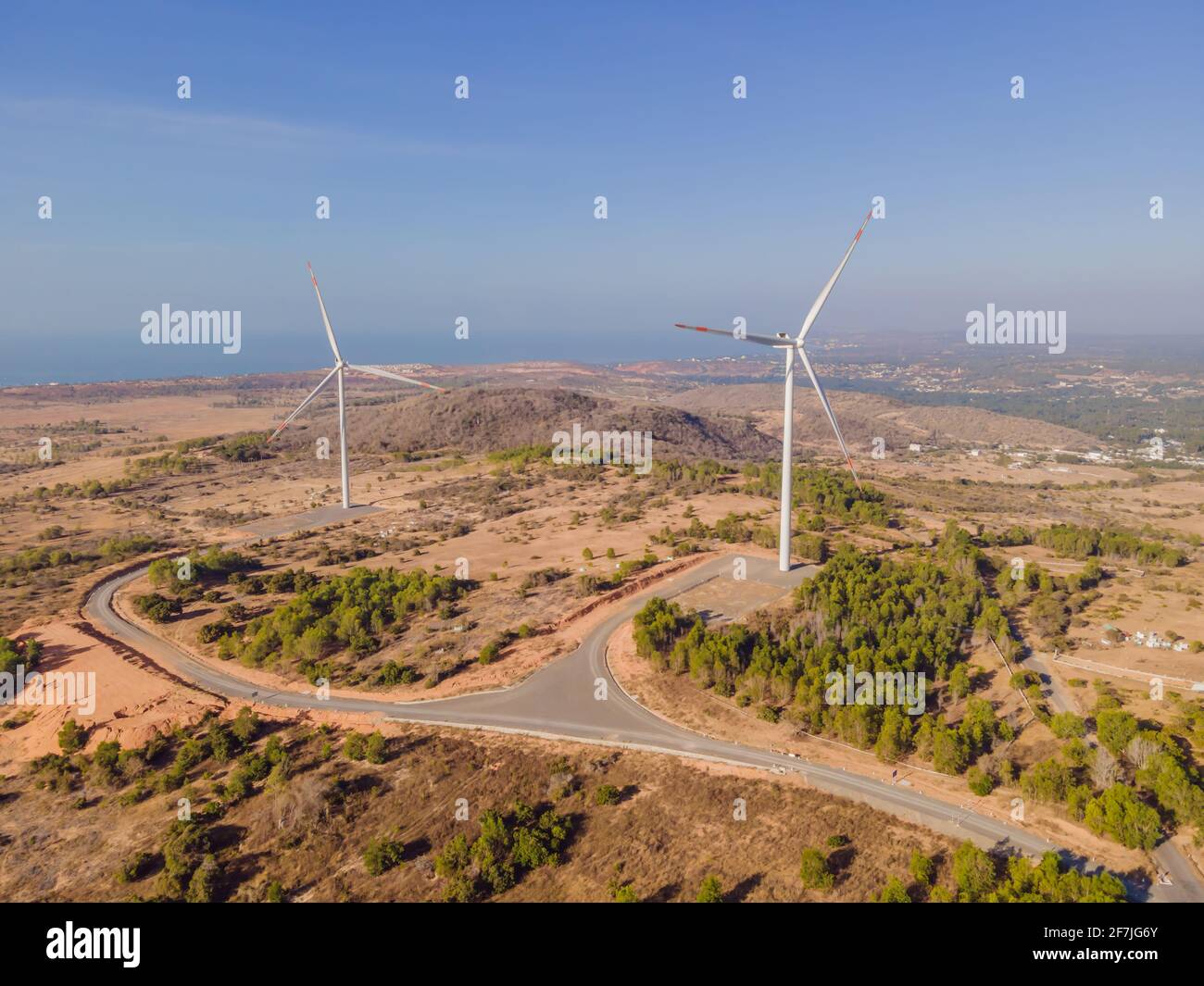 Wind turbine from aerial view - Sustainable development, environment ...