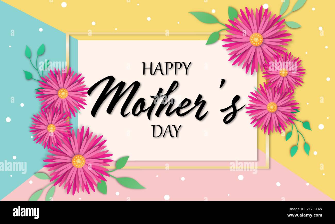 Happy Mothers Day banner. Bright illustration with pink flowers, leaves ...