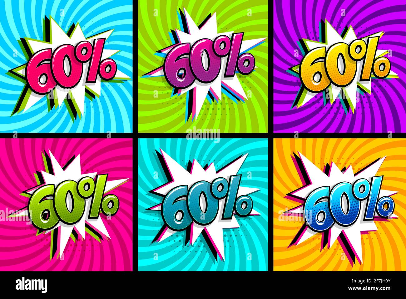 Comic text 60 percent sale set discount. Colored speech bubble on ...