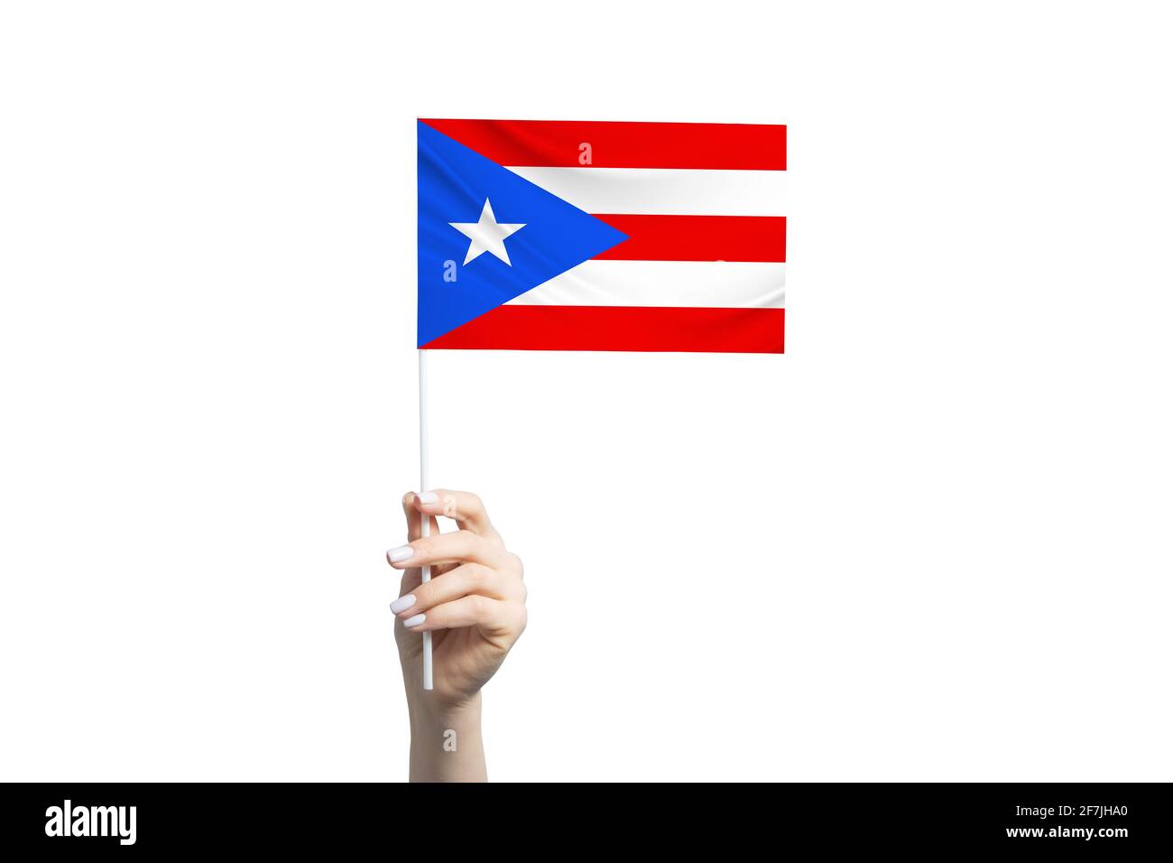 Beautiful female hand holding Puerto Rico flag, isolated on white ...