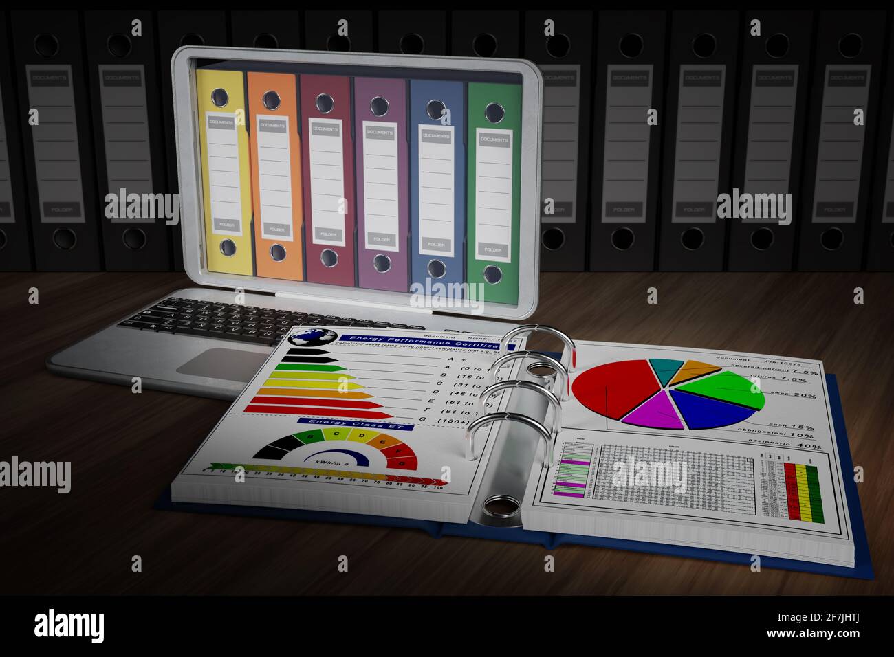 3D illustration. Computers with colored folders for storing documents ...
