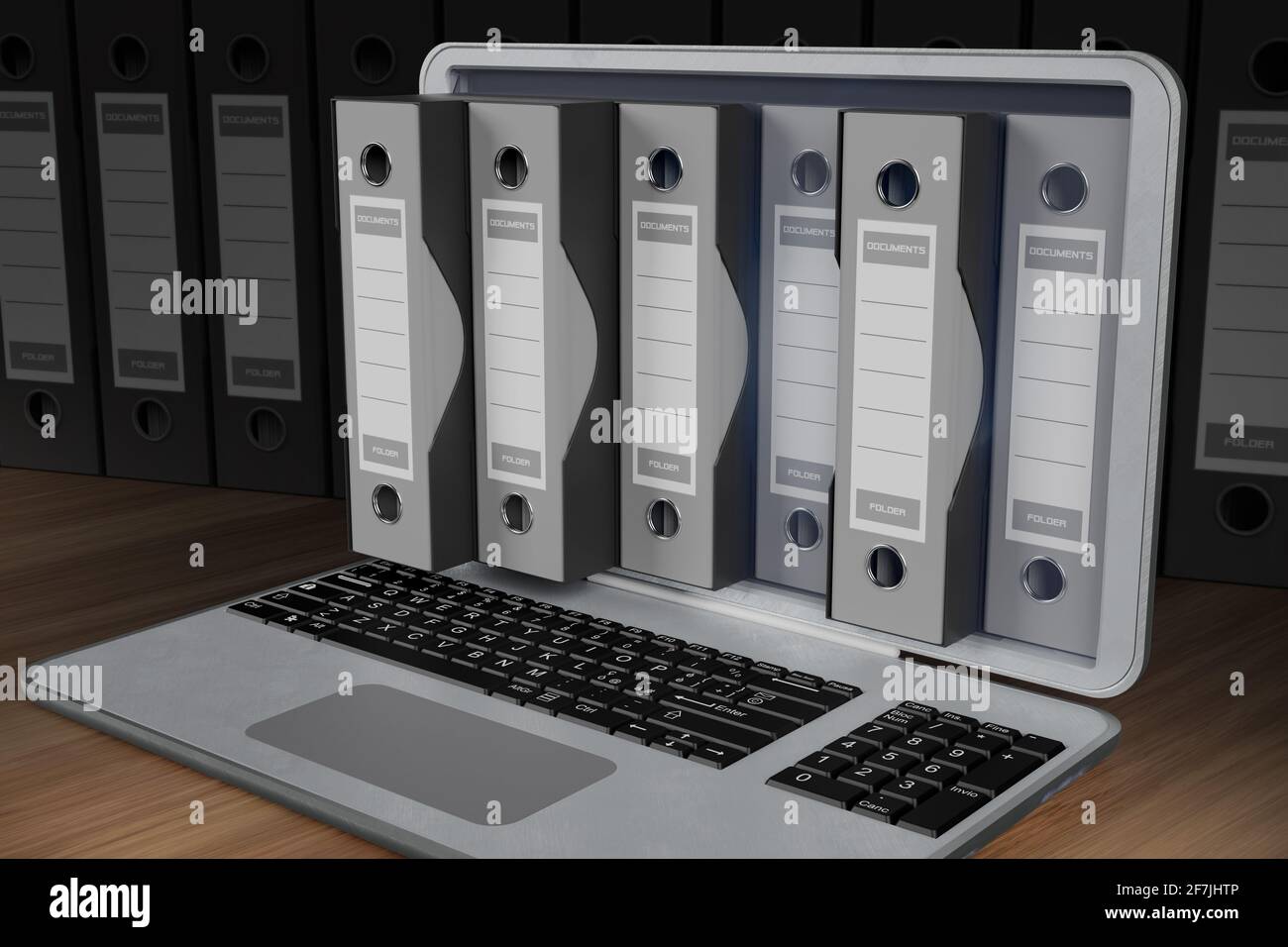 3D illustration. Computers with colored folders for storing documents ...