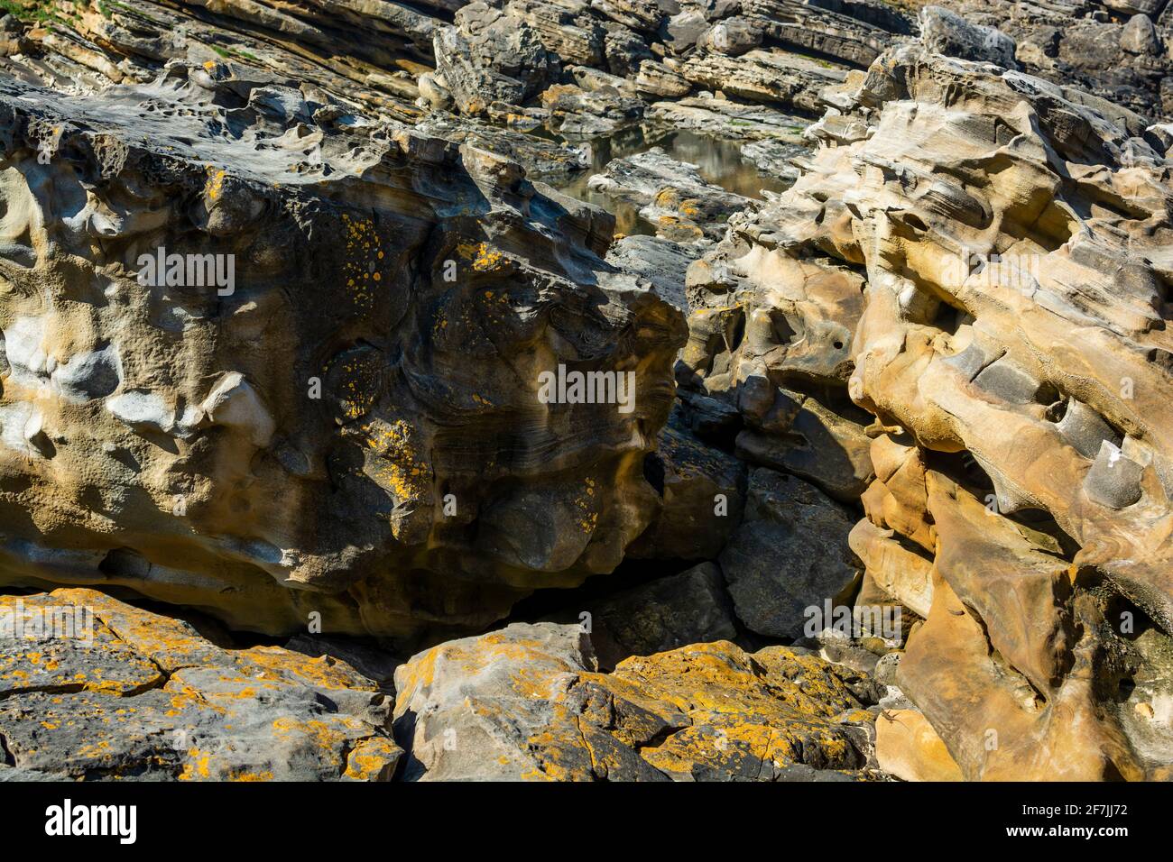 Rock formations of sandstone and other materials on the coast of the ...