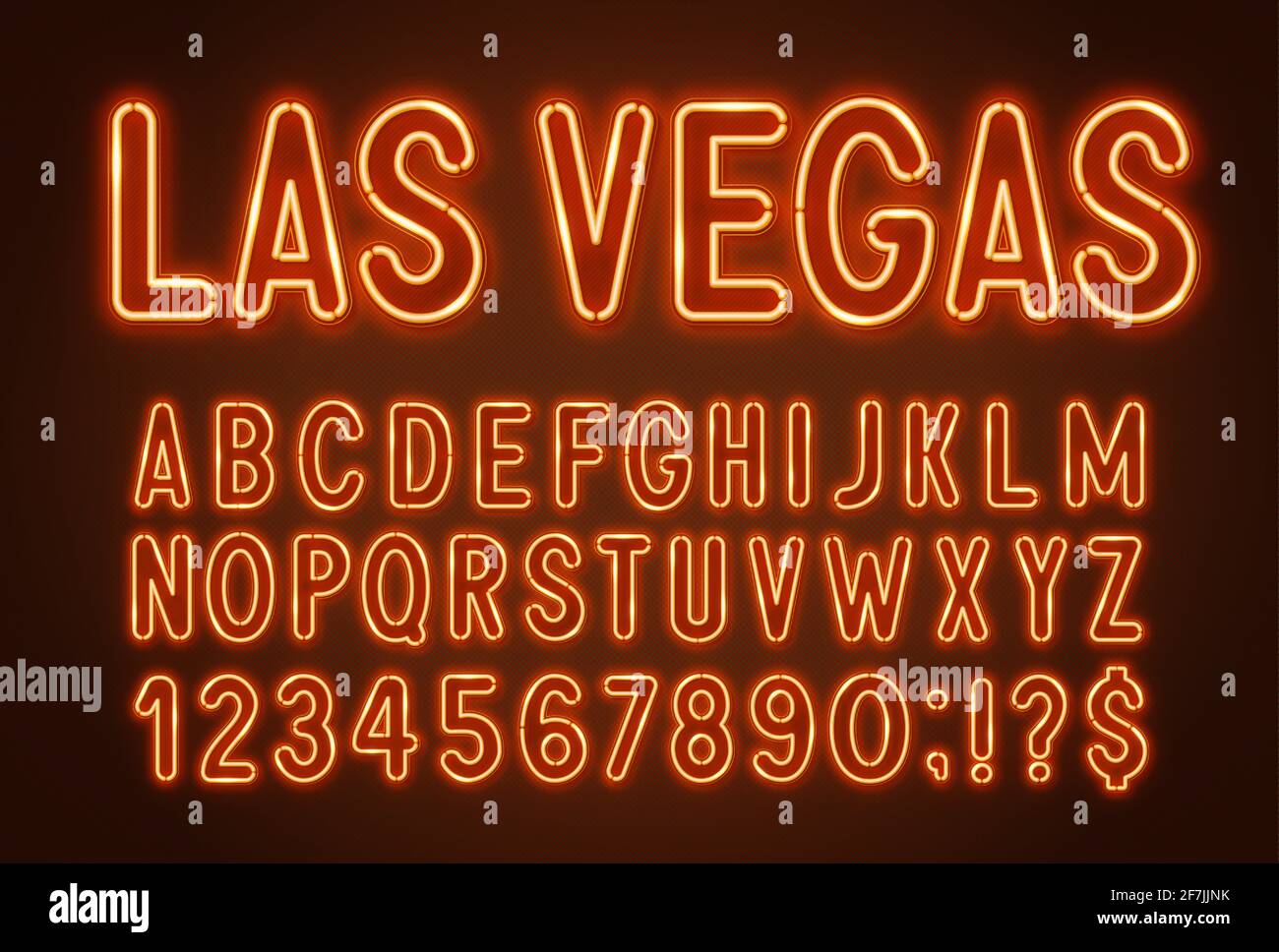 Orange neon light font on a dark background. Glowing Las Vegas alphabet ...