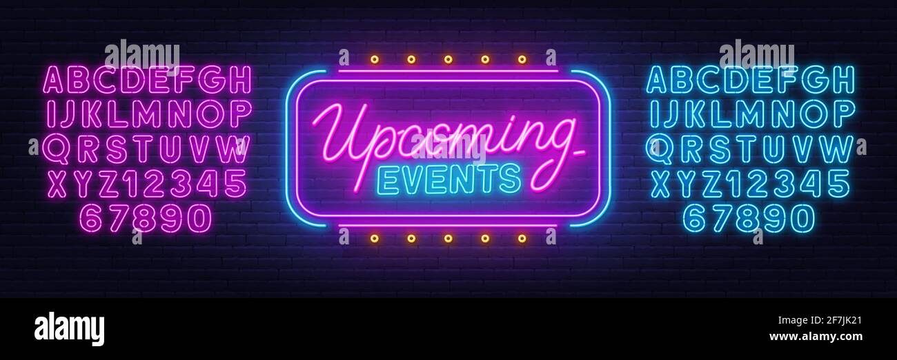 Upcoming Events neon sign on brick wall background. Pink and blue neon ...