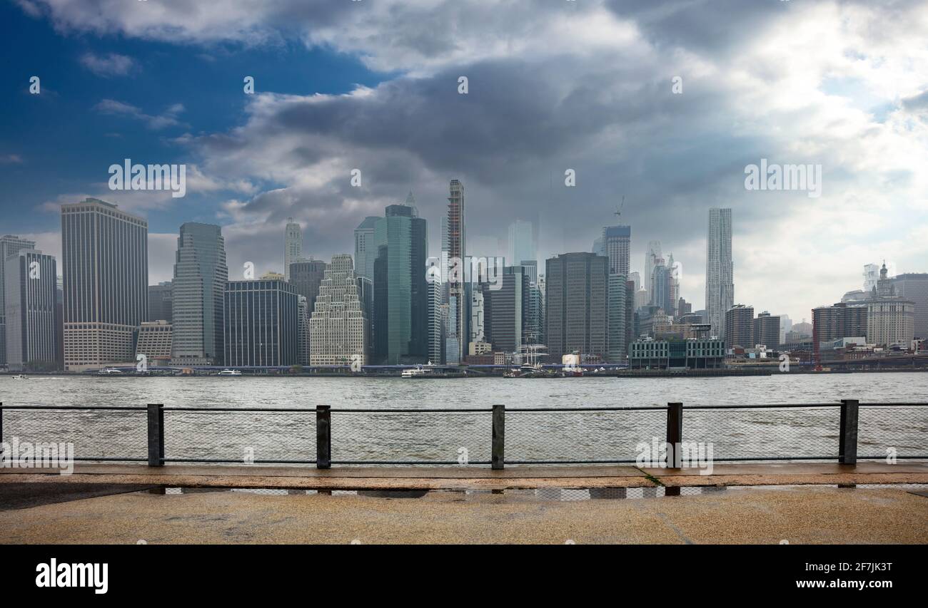 New York city skyline, cloudy sky, rainy day. Manhattan skyscrapers and ...