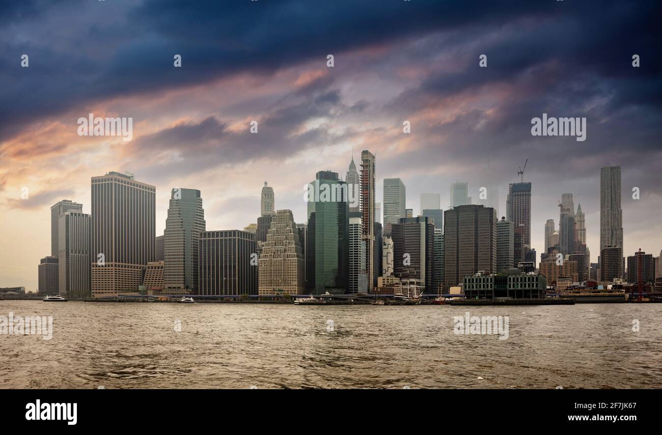 New York city skyline, cloudy sky, rainy day. Manhattan skyscrapers and ...