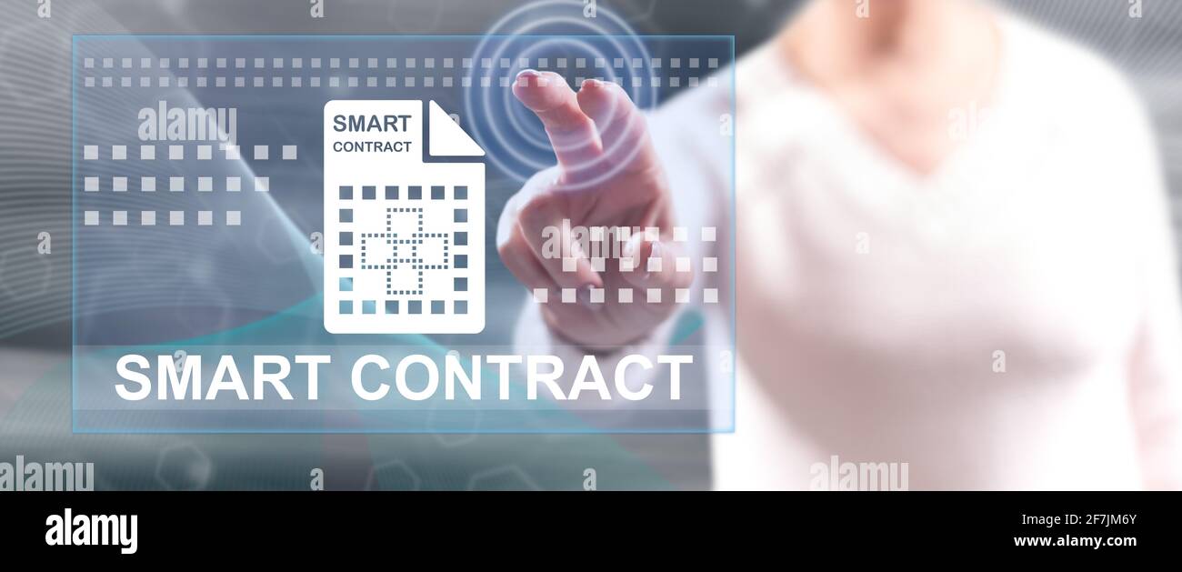 Woman touching a smart contract concept on a touch screen with her ...