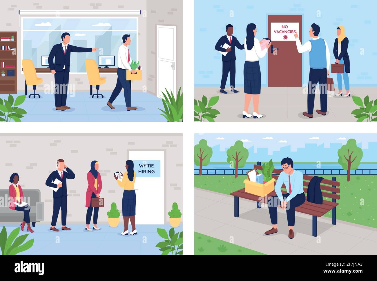 Unemployment problem flat color vector illustration set Stock Vector ...