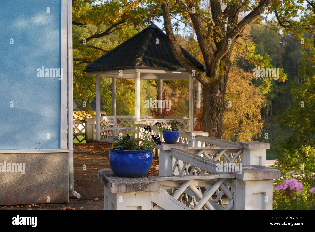 Gazebo with fence at countryside. Wood painted in white Stock Photo - Alamy