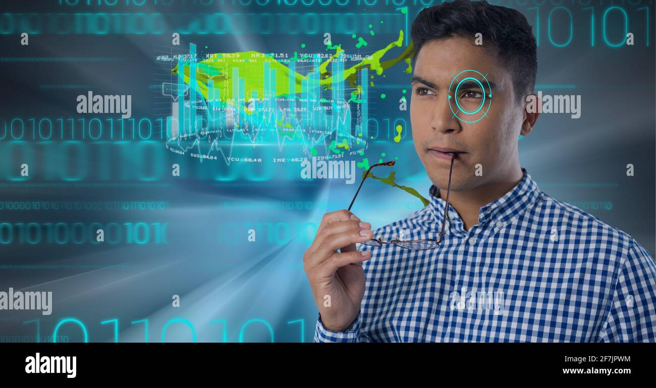 Composition of data processing over mixed race man biting his glasses in background Stock Photo ...