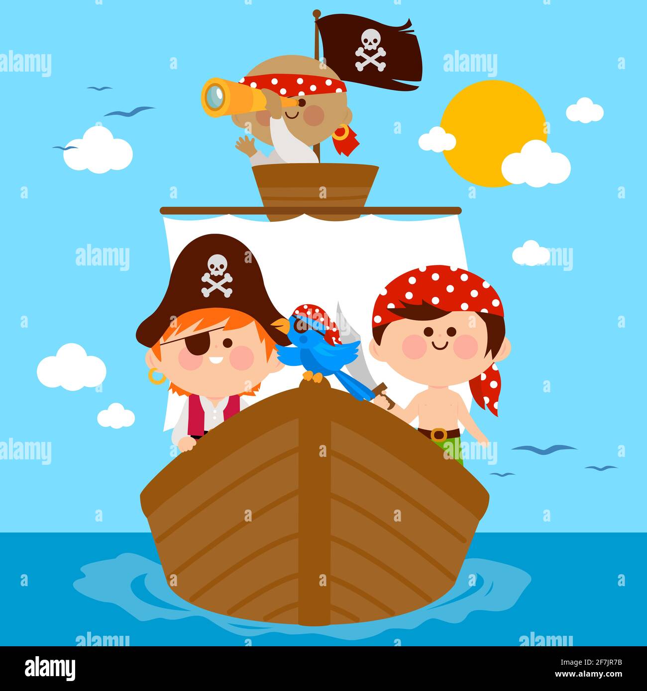 Happy pirate captain boys with a parrot sail on a boat in the ocean ...