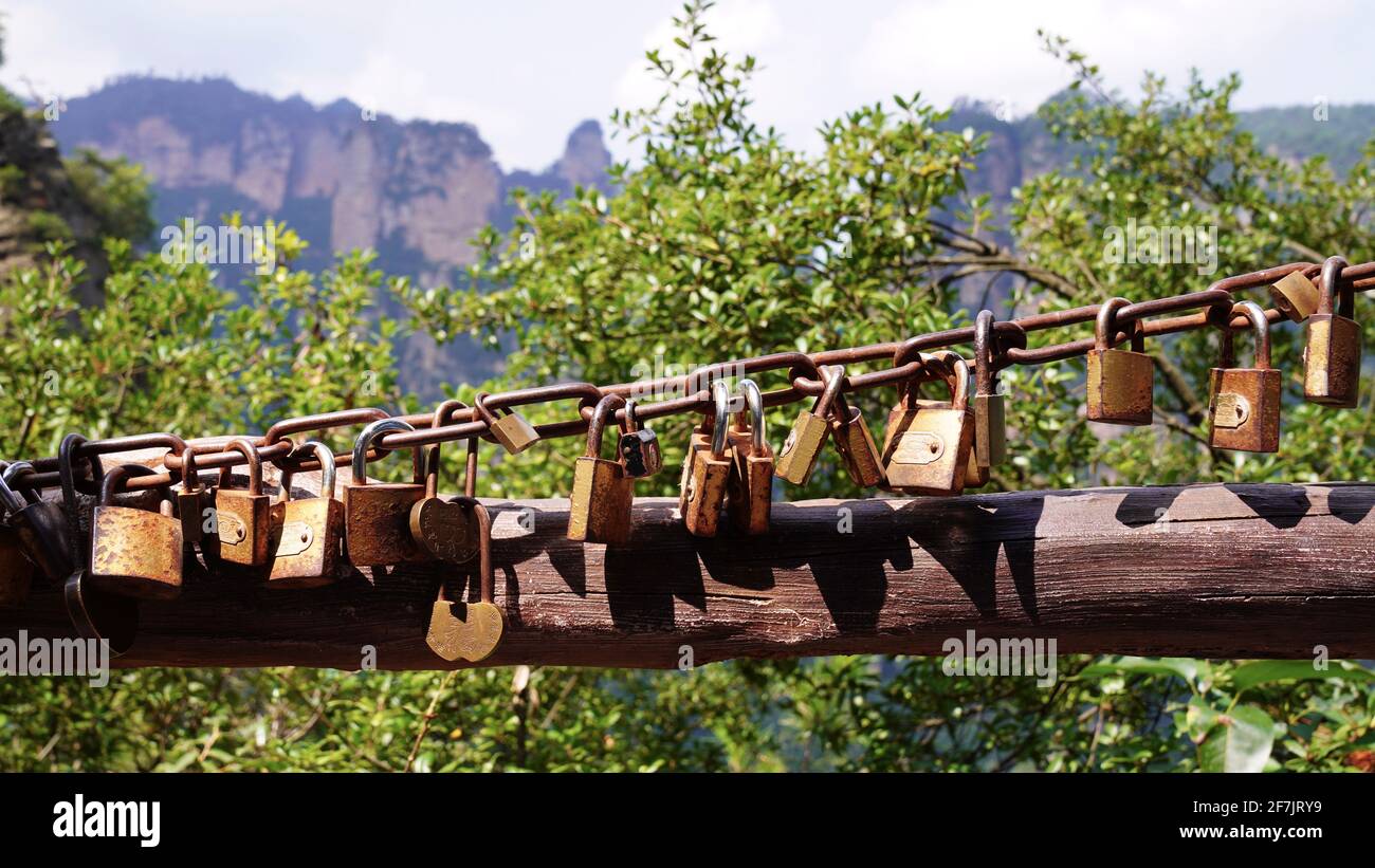 Lots of bronze locks implicate love are locked on a chain in a mountain ...