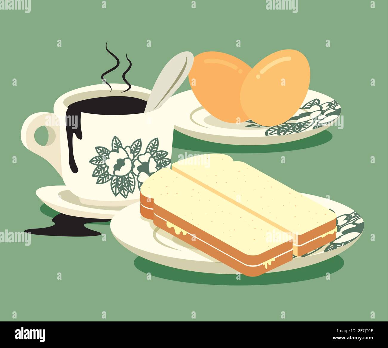 Breakfast set. Traditional oriental style coffee, half boiled eggs and ...