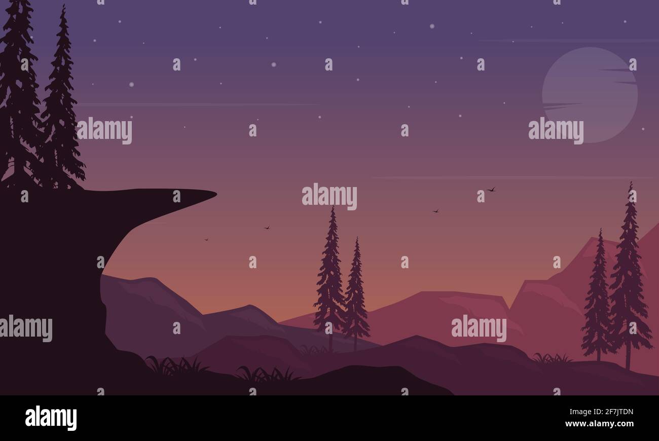 Incredible mountain views under a beautiful purple starry sky. Vector ...