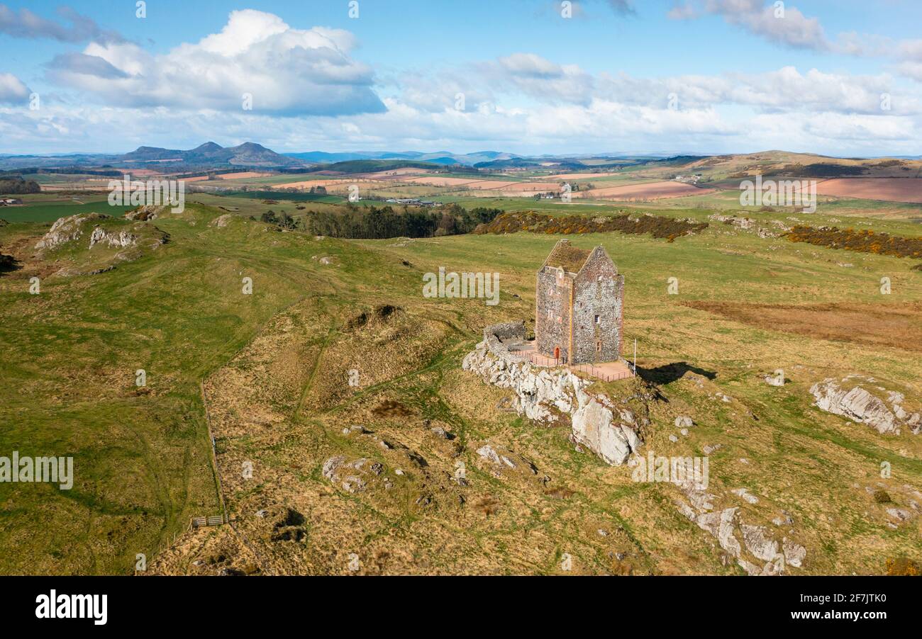 Aerial view of Smailholm Tower in the Scottish Border, Scotland UK ...