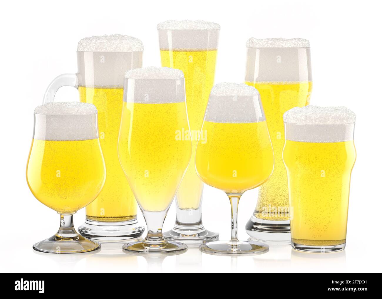 Set of fresh light beer glasses with bubble froth isolated on white ...