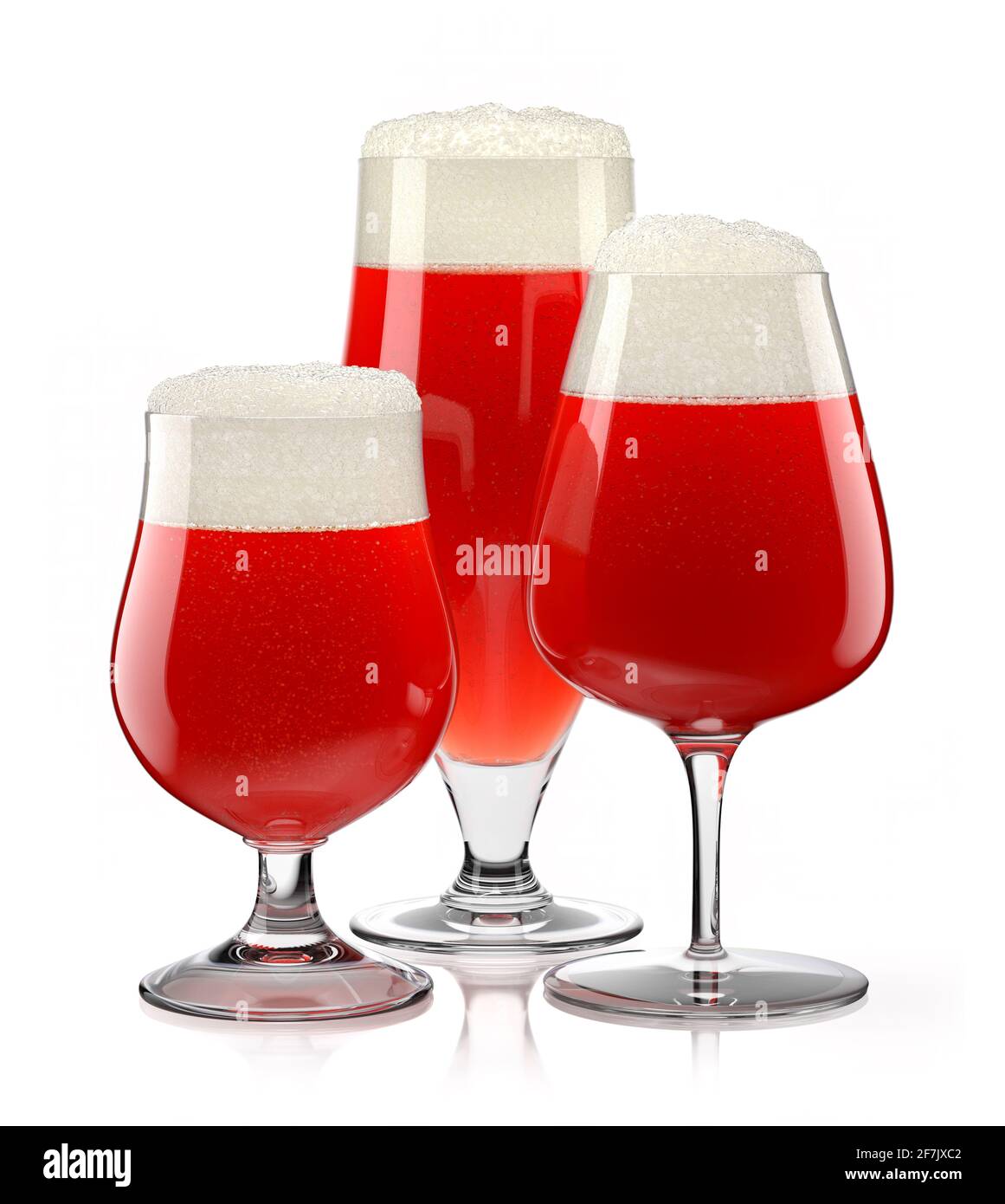 Set of fresh draft beer glasses with bubble froth isolated on white ...