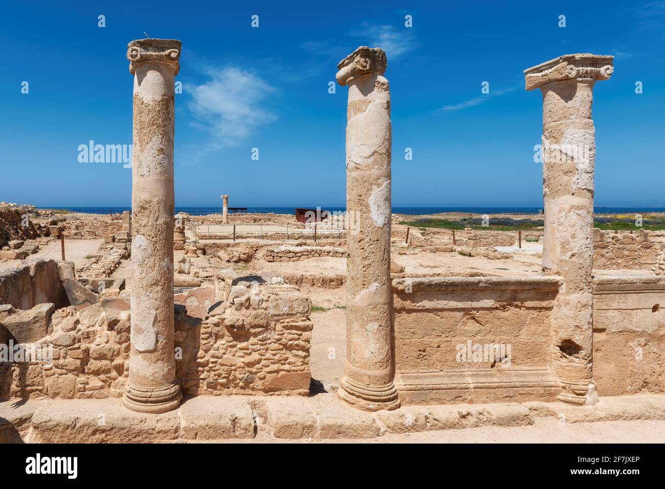 Old pilars in ruins of Kato Paphos Archaeological Park in Cyprus island ...