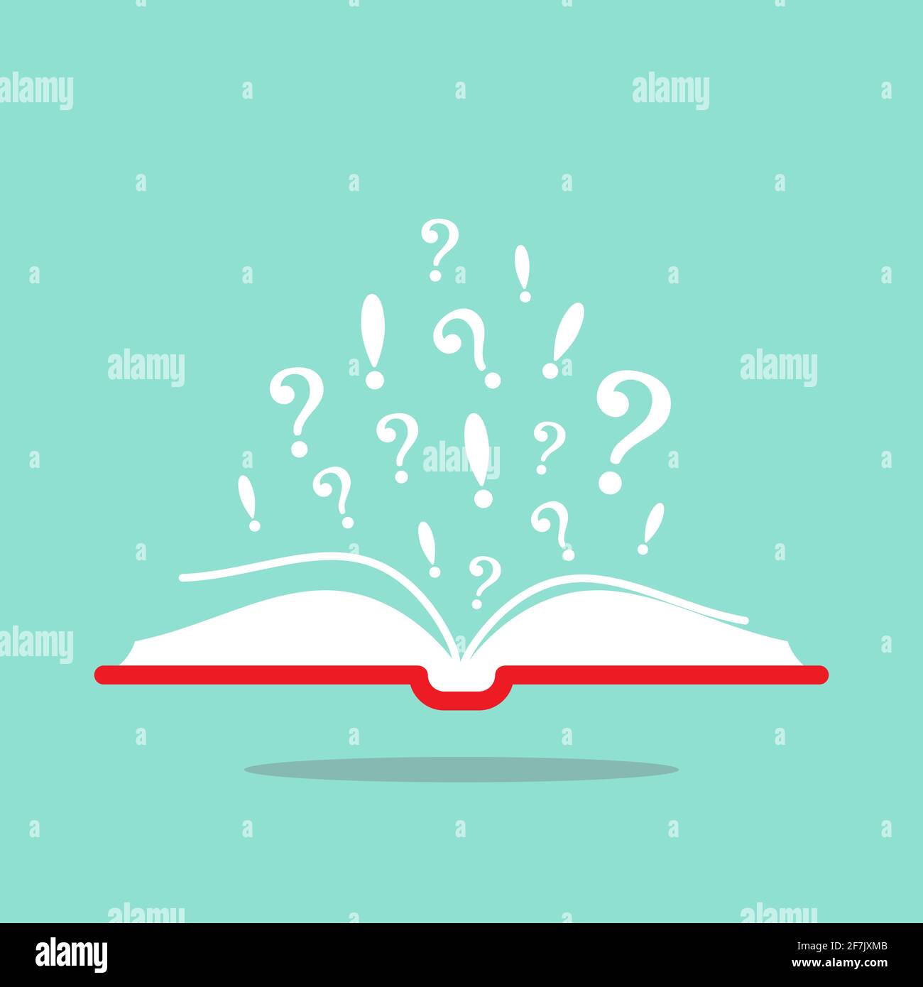 Open book with red book cover and white question marks flying out ...