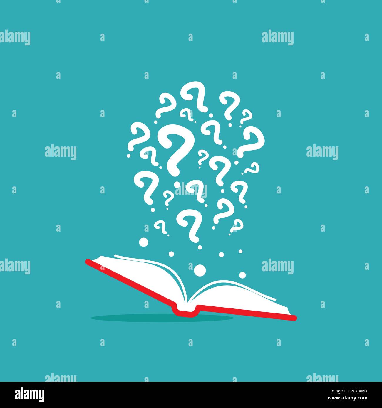 Open book with red book cover and white question marks flying out ...