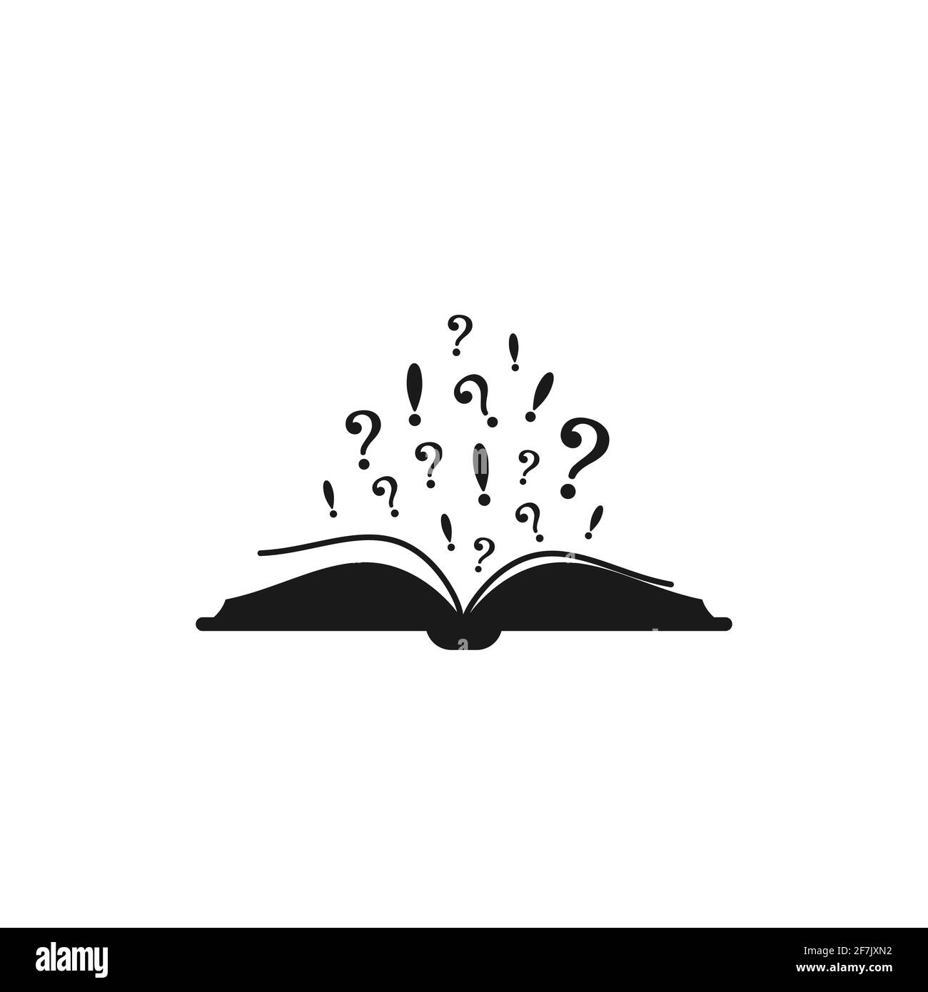 Open black book with black question and exclamation marks flying out ...