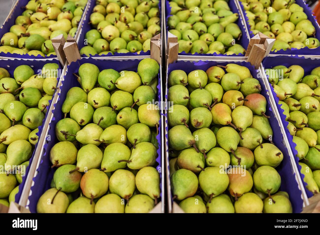 Aerial view of pears in crates ready for shipping. Cold storage ...