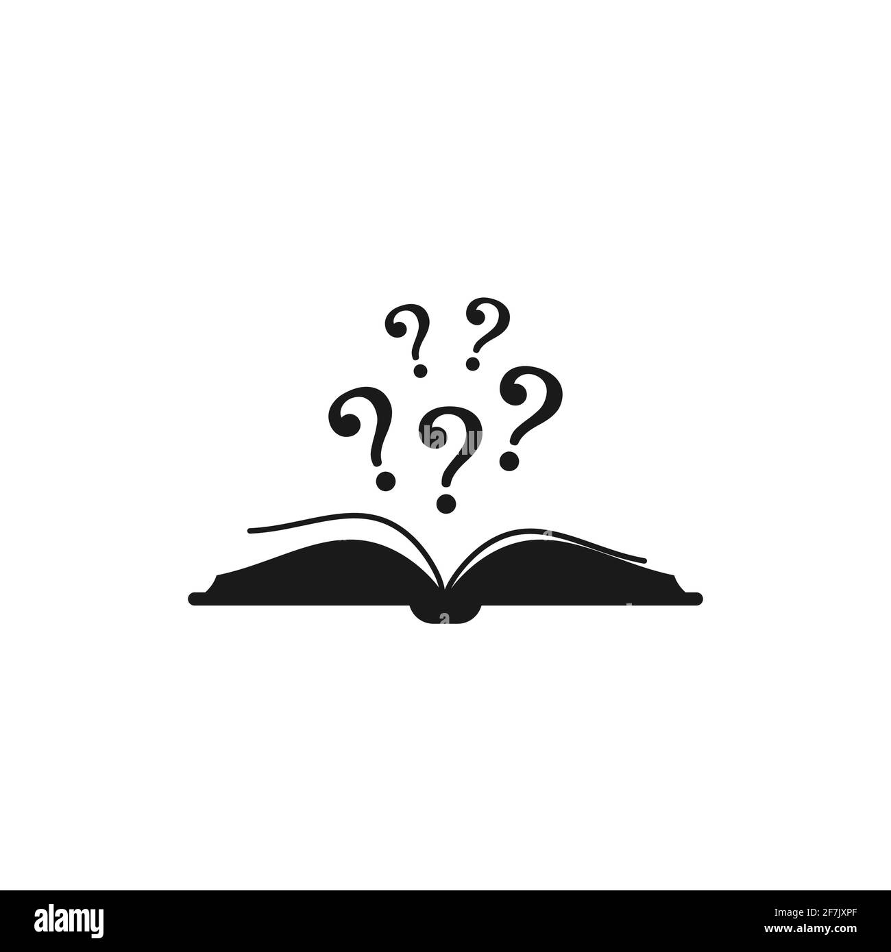 Open black book with black question marks flying out. Isolated on white ...