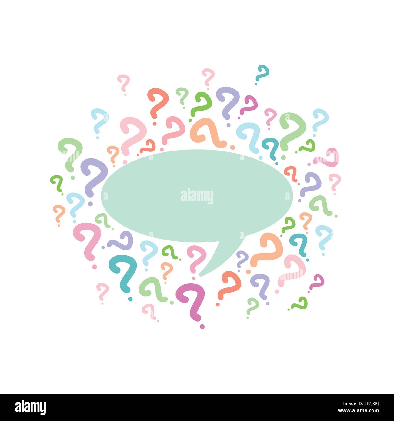Turquoise speech bubble with colorful flying question marks. Isolated ...