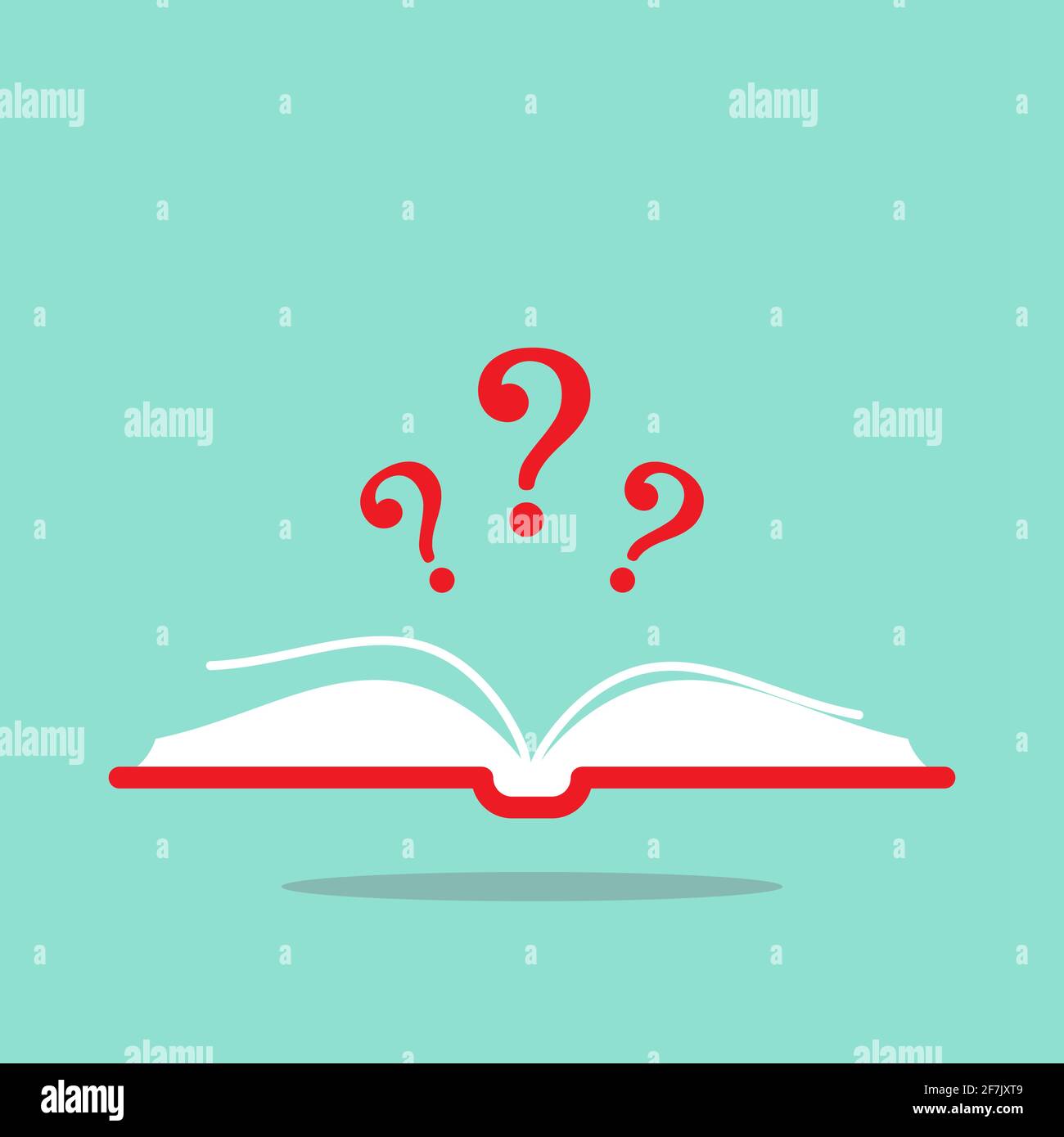 Open book with red book cover and red question marks. Isolated on ...