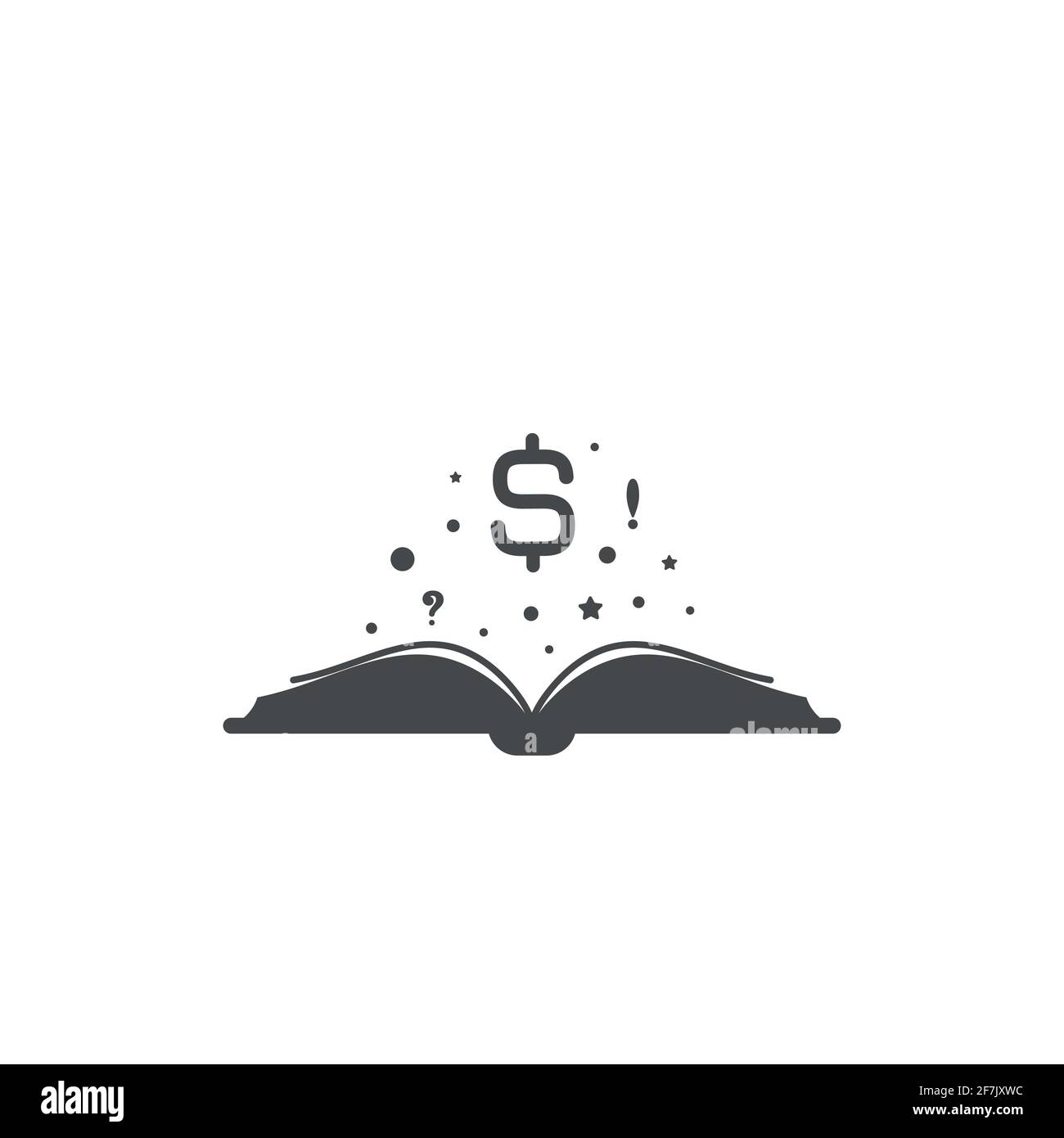 Black Open book with dots, stars and black dollar sign flying out ...