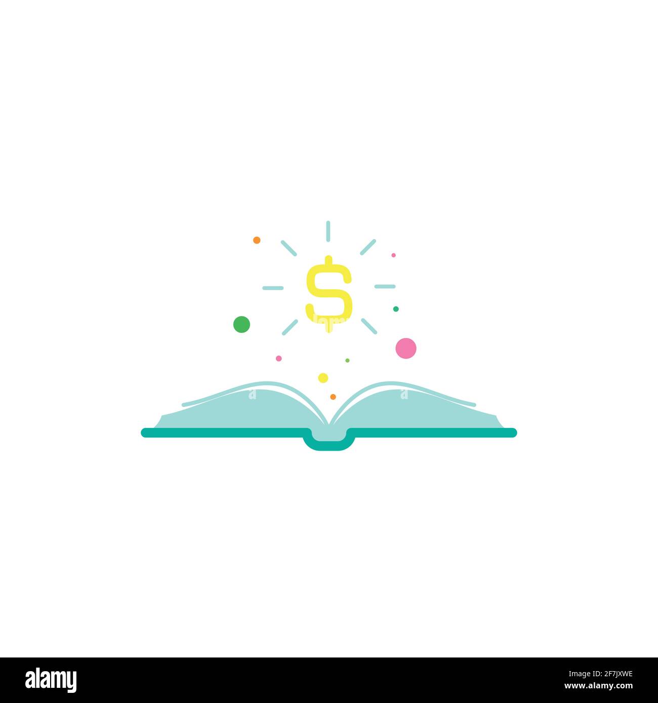 Black Open book with dots, stars and black dollar sign flying out ...