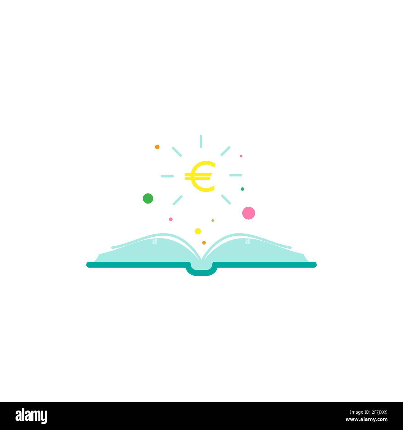 Open book with dots, stars and euro sign flying out isolated on white ...
